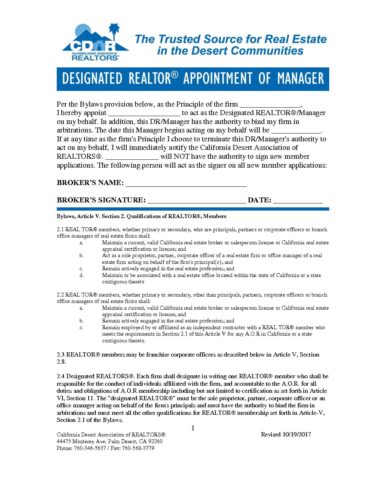 2018 CDAR Designated REALTOR Appointment of Manager - California Desert ...
